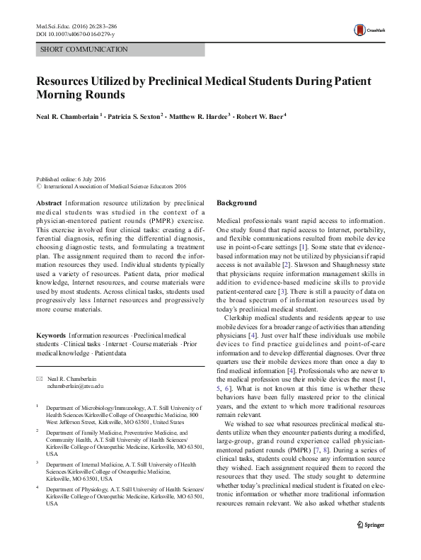 (PDF) Resources Utilized by Preclinical Medical Students During Patient ...