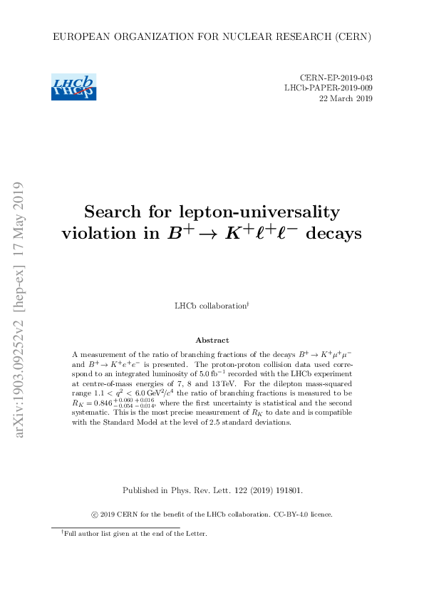 (PDF) Search for Lepton-Universality Violation in B+→K+ℓ+ℓ− Decays