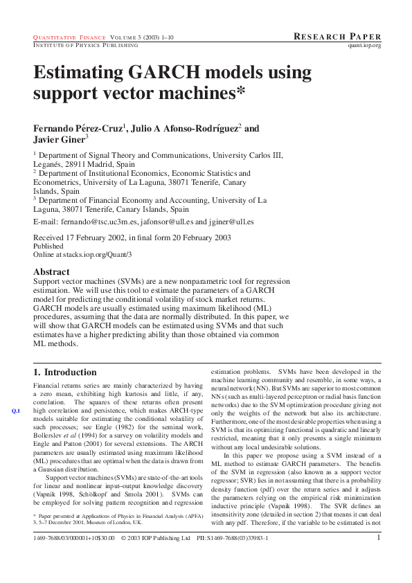 (PDF) Estimating GARCH models using support vector machines*
