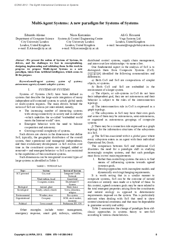 Pdf Multi Agent Systems A New Paradigm For Systems Of Systems A G Hessami