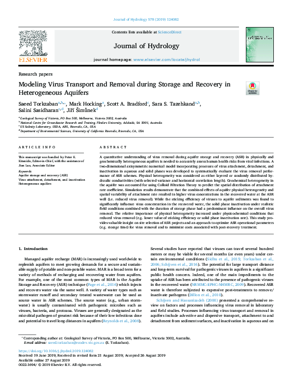 (PDF) Modeling Virus Transport and Removal during Aquifer Storage and ...