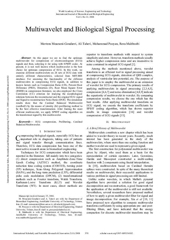 (PDF) Multiwavelet And Biological Signal Processing