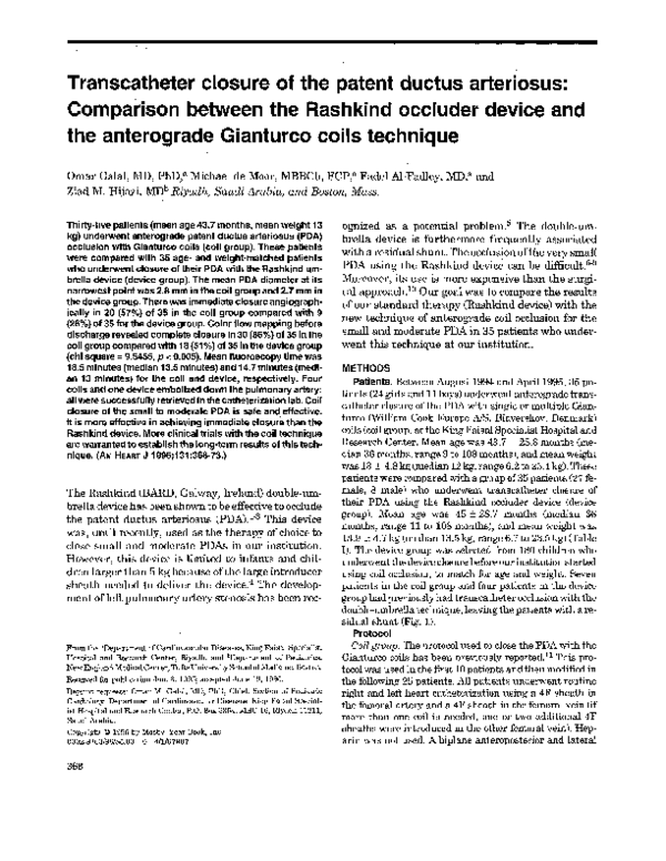 (PDF) Transcatheter closure of the patent ductus arteriosus: Comparison ...