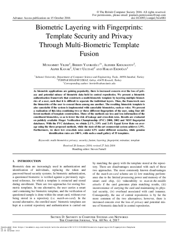 (PDF) Biometric Layering with Fingerprints: Template Security and Privacy Through Multi ...