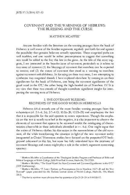 (PDF) Covenant and the Warnings of Hebrews: The Blessing and the Curse