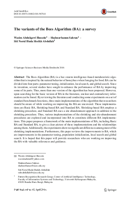 (PDF) The variants of the Bees Algorithm (BA): a survey