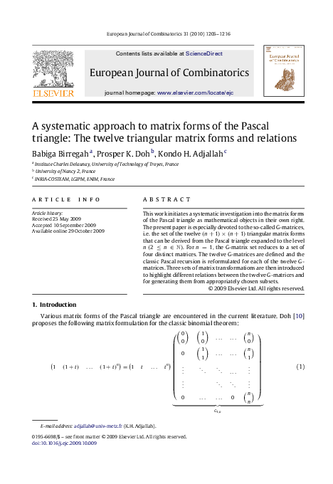(PDF) A systematic approach to matrix forms of the Pascal triangle: The ...