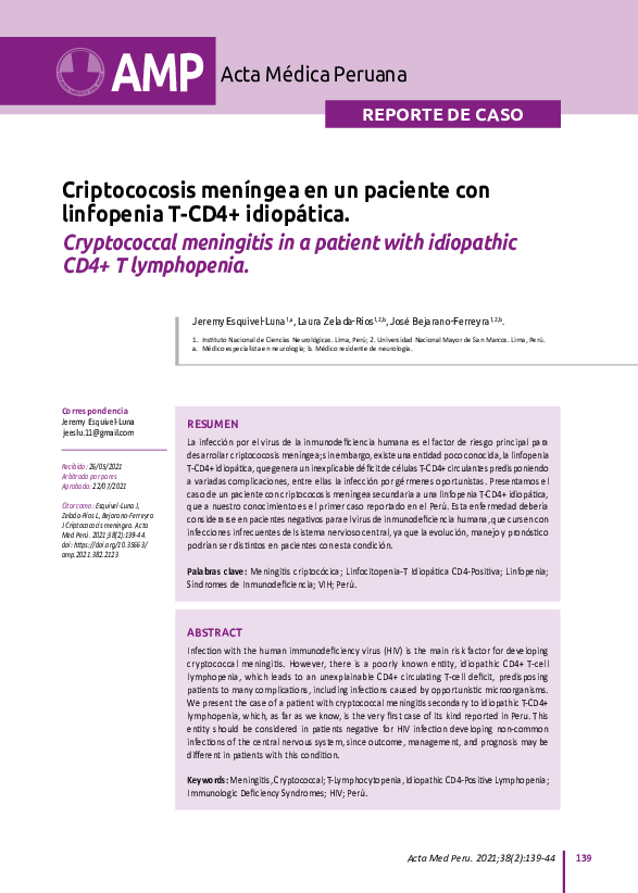 (PDF) Criptococosis meníngea en un paciente con linfopenia T-CD4+ idiopática