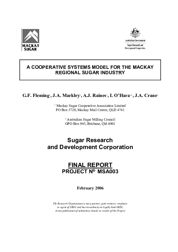 (PDF) A cooperative systems model for the Mackay regional sugar industry