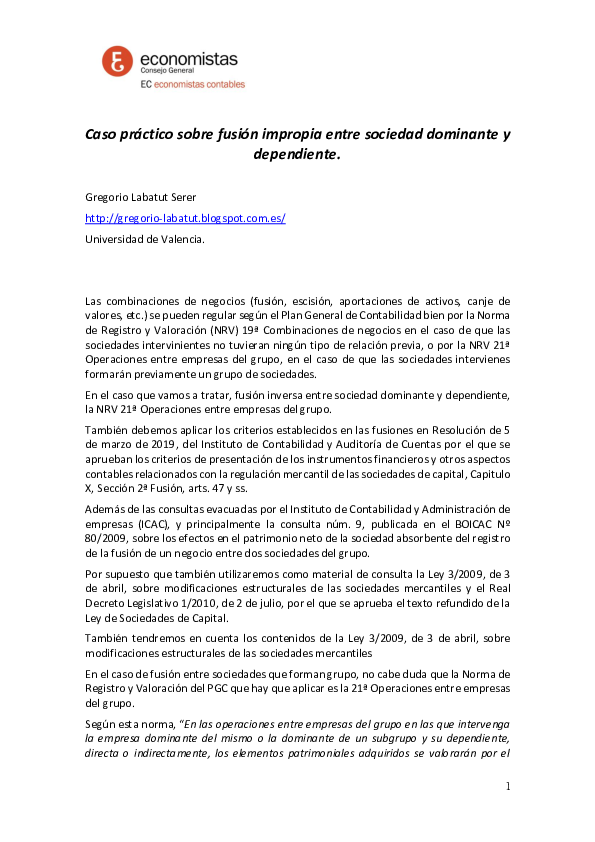 (PDF) Caso práctico sobre fusión impropia entre sociedad dominante y ...