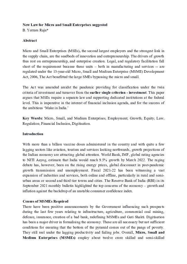 (DOC) New Law for Micro and Small Enterprises suggested