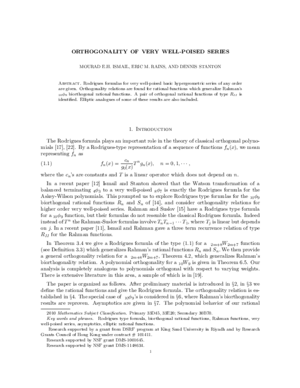 (PDF) Orthogonality of Very Well-Poised Series | Mourad Ismail ...