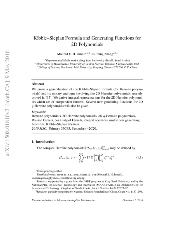 (PDF) Kibble–Slepian formula and generating functions for 2D ...