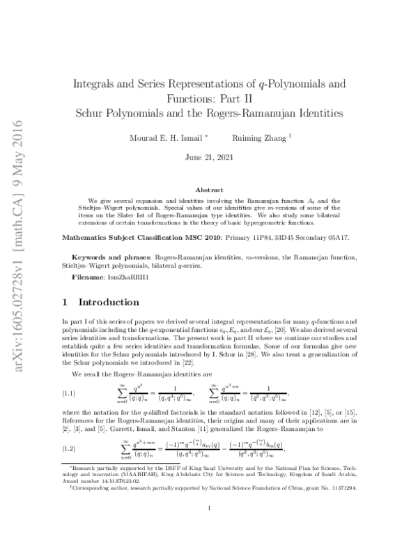 (PDF) Integrals and series representations of $q$-polynomials and functions: Part II. Schur ...