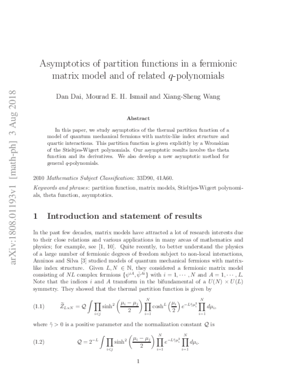Pdf Asymptotics Of Partition Functions In A Fermionic Matrix Model And Of Related Q Polynomials