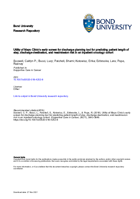 (PDF) Utility of Mayo Clinic’s early screen for discharge planning tool ...