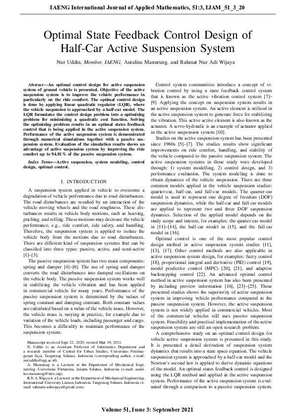 (PDF) Optimal State Feedback Control Design of Half-Car Active Suspension System