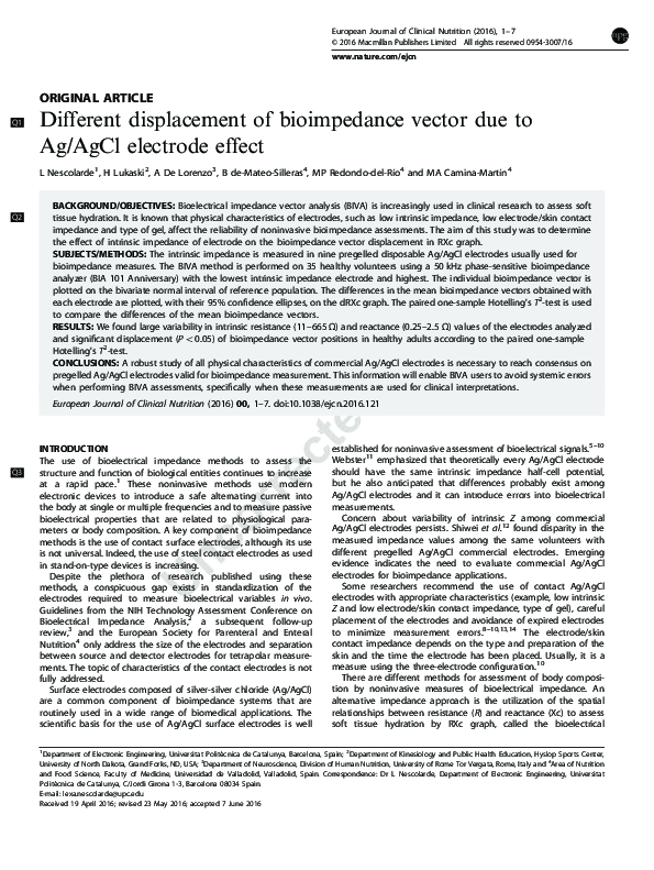 (PDF) Different displacement of bioimpedance vector due to Ag/AgCl ...