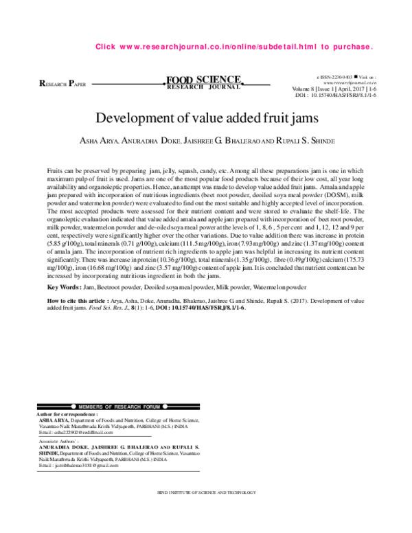 (PDF) Development of value added fruit jams | asha arya - Academia.edu