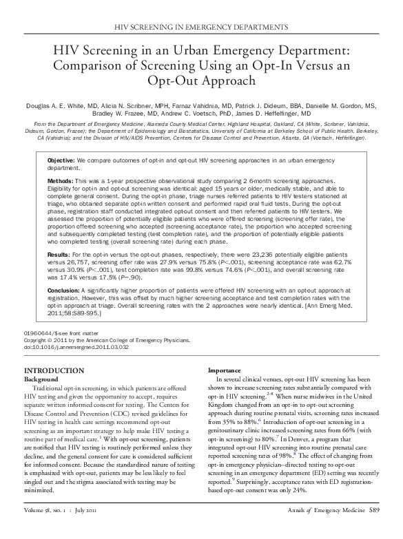 (PDF) HIV Screening in an Urban Emergency Department: Comparison of ...
