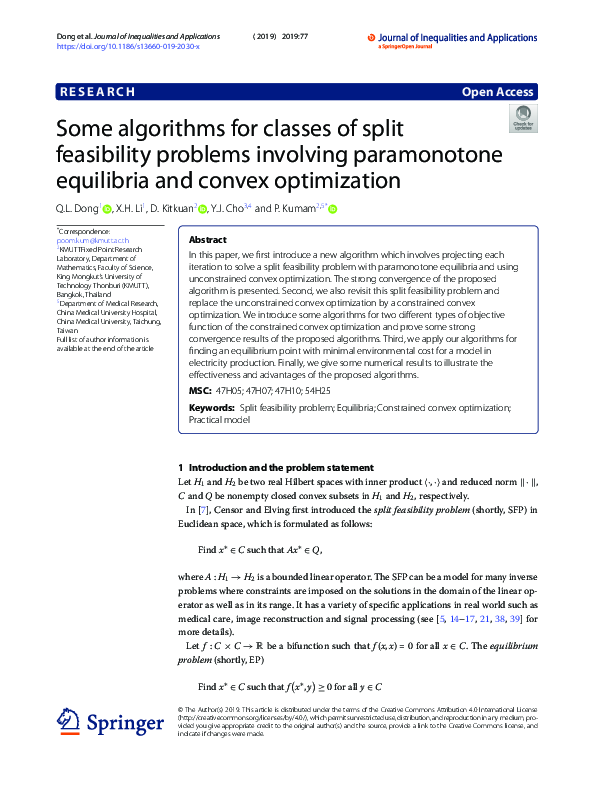 (PDF) Some algorithms for classes of split feasibility problems involving paramonotone ...