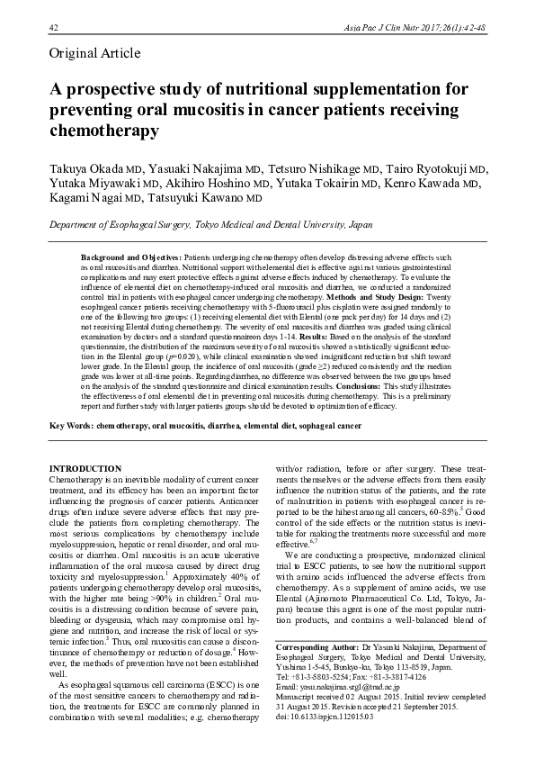 (PDF) A prospective study of nutritional supplementation for preventing oral mucositis in cancer ...