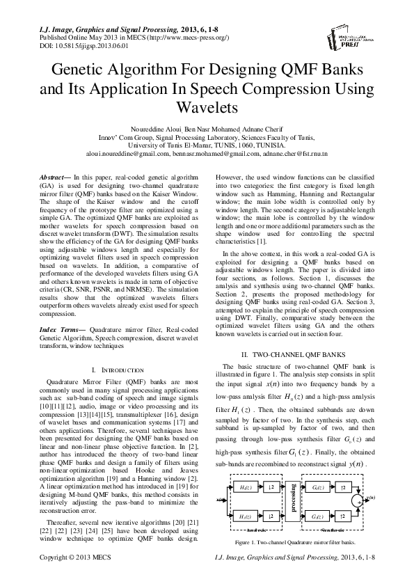 (PDF) Genetic Algorithm For Designing QMF Banks and Its Application In Speech Compression Using ...