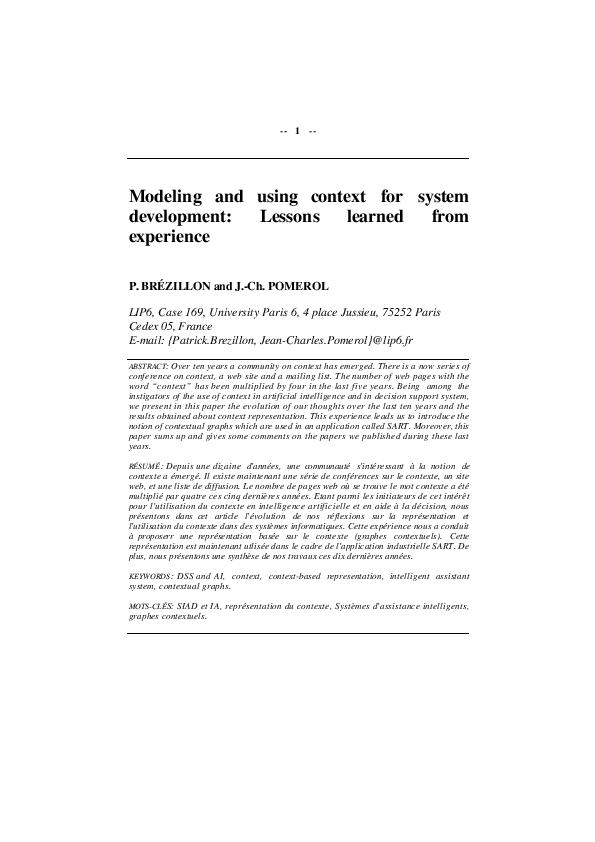 (PDF) Modeling and Using Context for System Development: Lessons from Experience