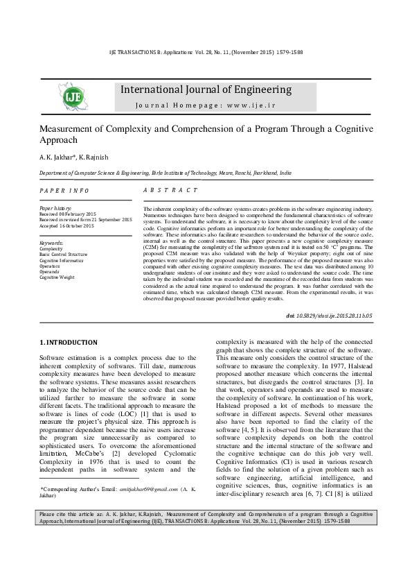 (PDF) Measurement of Complexity and Comprehension of a Program Through a Cognitive Approach