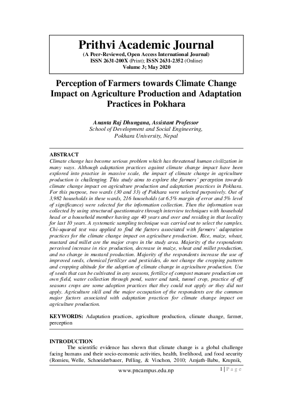 (PDF) Perception of Farmers towards Climate Change Impact on Agriculture Production and ...