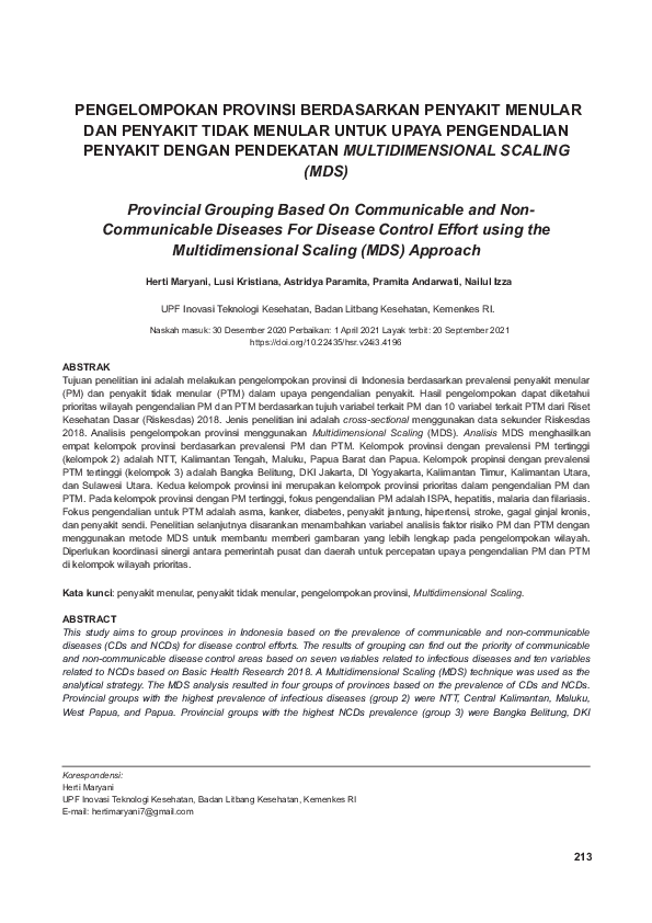 (PDF) Pengelompokan Provinsi berdasarkan Penyakit Menular dan Penyakit Tidak Menular untuk Upaya ...