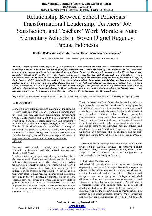 (PDF) Relationship Between School Principals’ Transformational Leadership, Teachers’ Job ...
