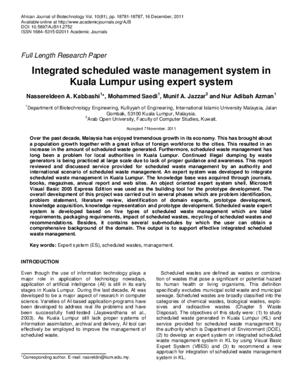 (PDF) Integrated scheduled waste management system in Kuala Lumpur ...