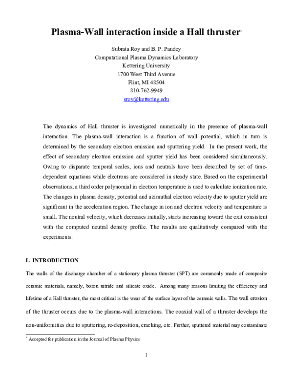 (PDF) Plasma–wall interaction inside a Hall thruster