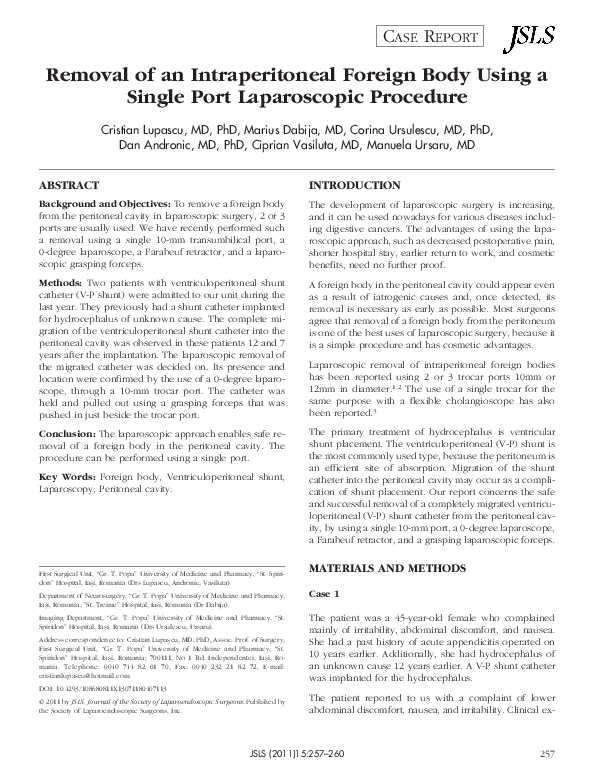 (PDF) Removal of an Intraperitoneal Foreign Body Using a Single Port ...