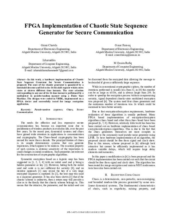 Pdf Fpga Implementation Of Chaotic State Sequence Generator For Secure Communication