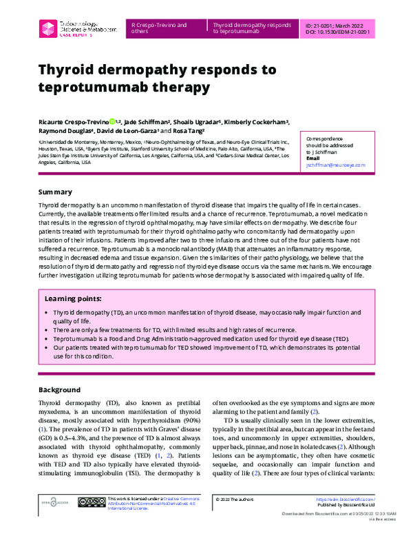 (PDF) Thyroid dermopathy responds to teprotumumab therapy