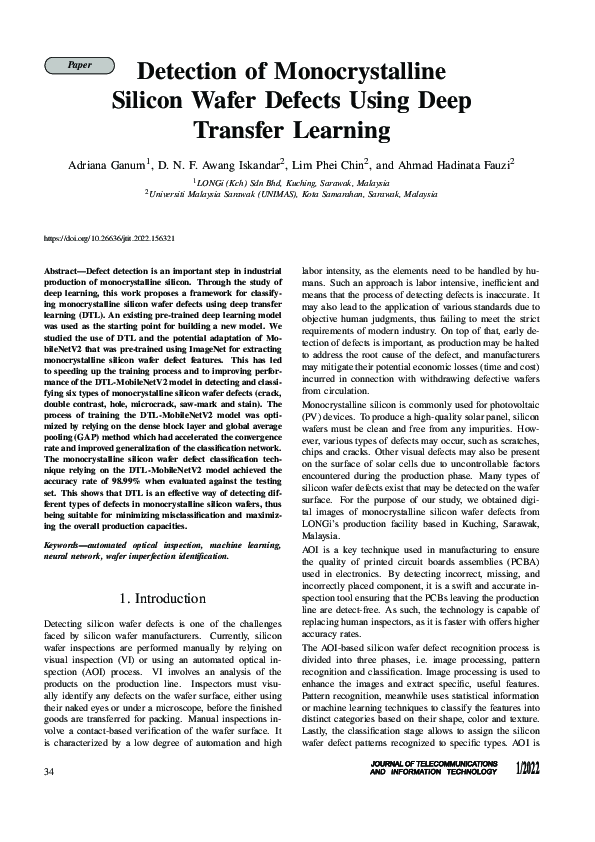 Pdf Detection Of Monocrystalline Silicon Wafer Defects Using Deep Transfer Learning