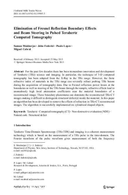 (PDF) Elimination of Fresnel Reflection Boundary Effects and Beam Steering in Pulsed Terahertz ...