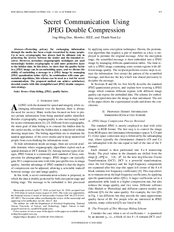 (PDF) Secret Communication Using JPEG Double Compression