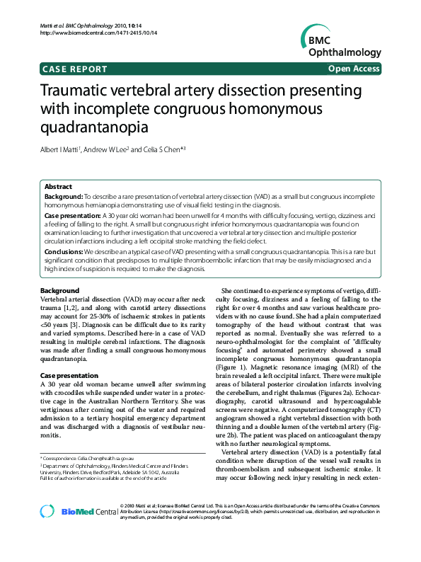 (PDF) Traumatic vertebral artery dissection presenting with incomplete ...