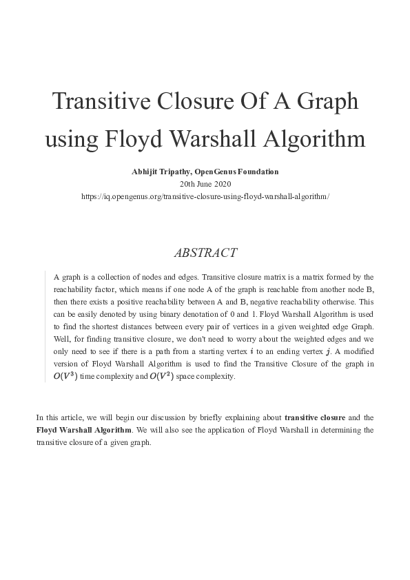 Pdf Transitive Closure Of A Graph Using Floyd Warshall Algorithm