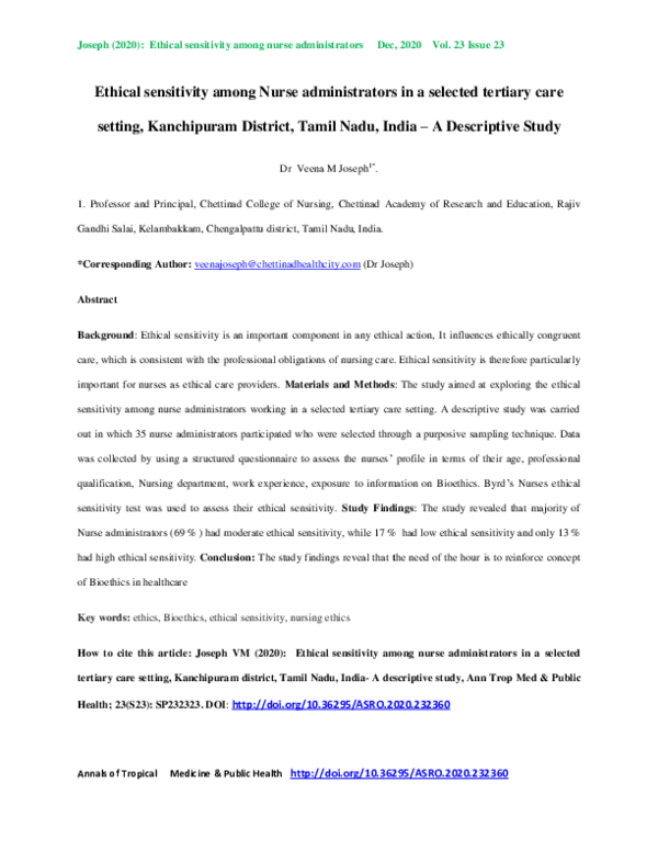 (PDF) Ethical sensitivity among Nurse administrators in a selected tertiary care setting ...