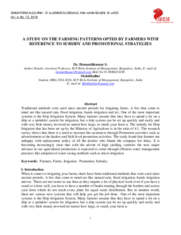 (PDF) A Study on the Farming Patterns Opted by Farmers with Reference ...