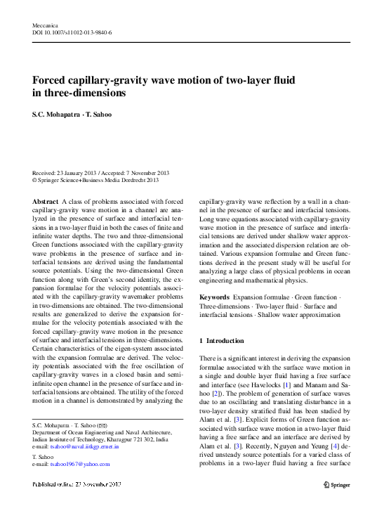 (PDF) Forced capillary-gravity wave motion of two-layer fluid in three-dimensions