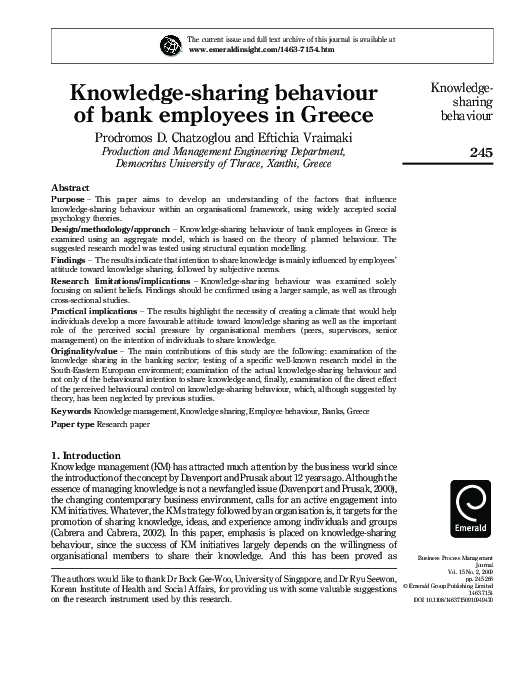 (PDF) Knowledge‐sharing behaviour of bank employees in Greece