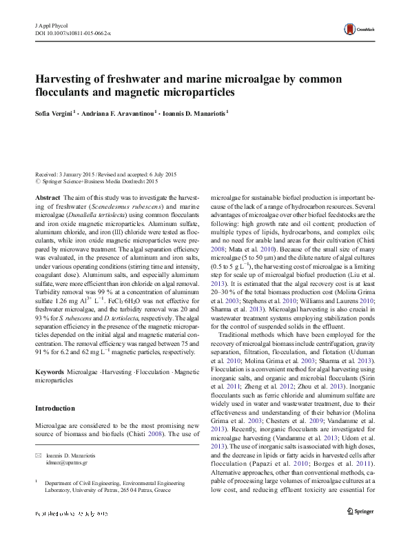 (PDF) Harvesting of freshwater and marine microalgae by common flocculants and magnetic ...