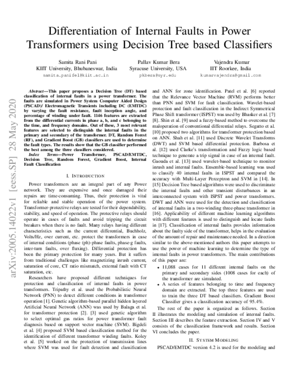 Pdf Differentiation Of Internal Faults In Power Transformers Using Decision Tree Based Classifiers