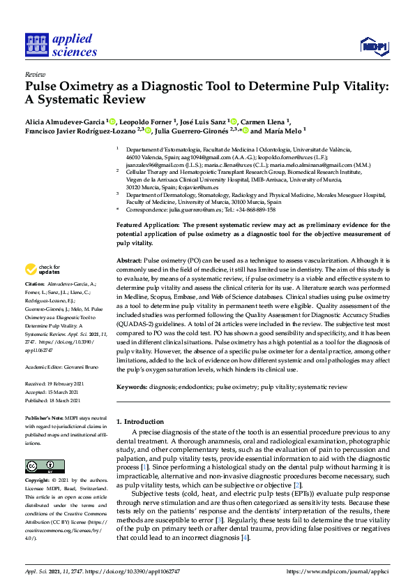(PDF) Pulse Oximetry as a Diagnostic Tool to Determine Pulp Vitality: A ...