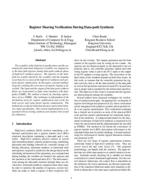 Pdf Register Sharing Verification During Data Path Synthesis Dipankar Sarkar